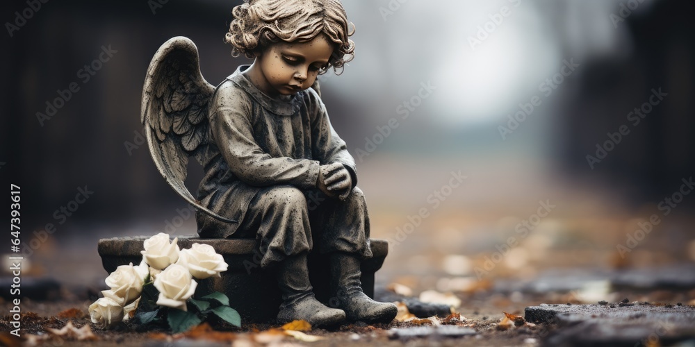 stone statue of a sad angel, Theme of loss and bereavement of a child ...