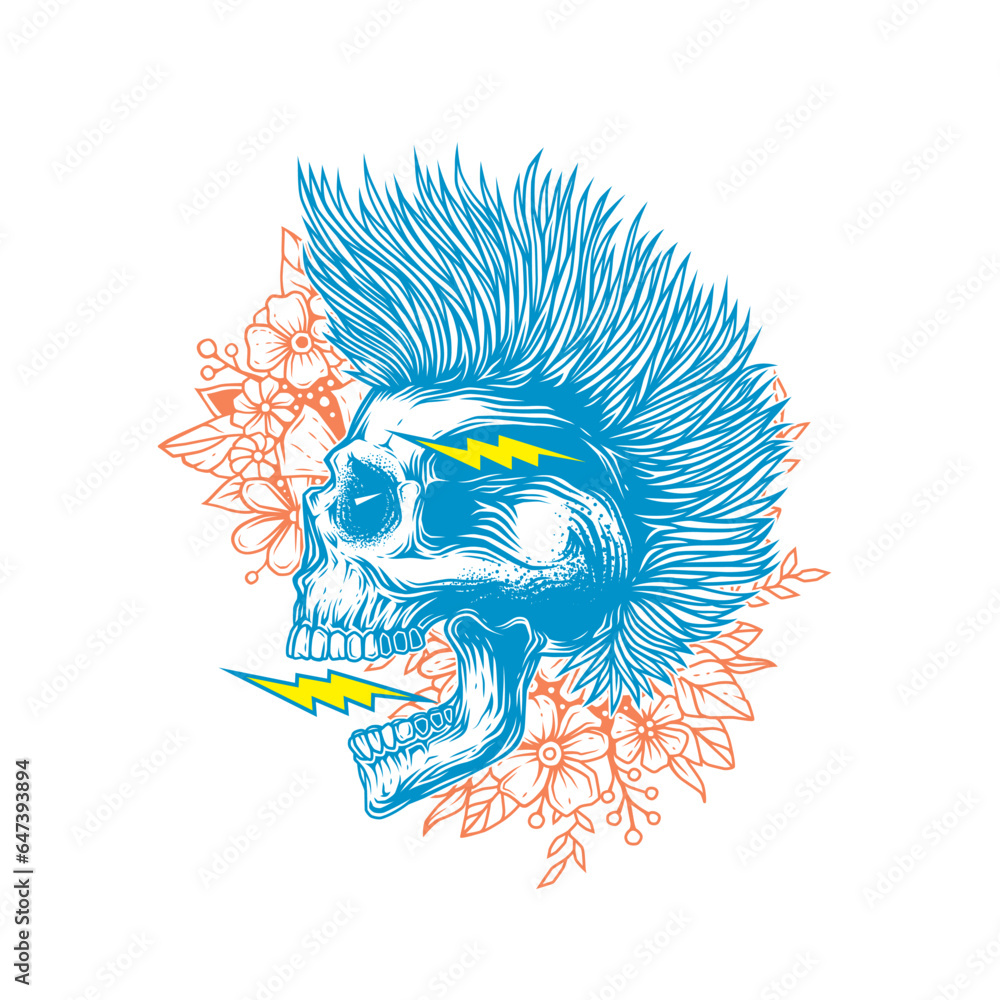 Original monochrome vector illustration. A skull with an open mouth and ...