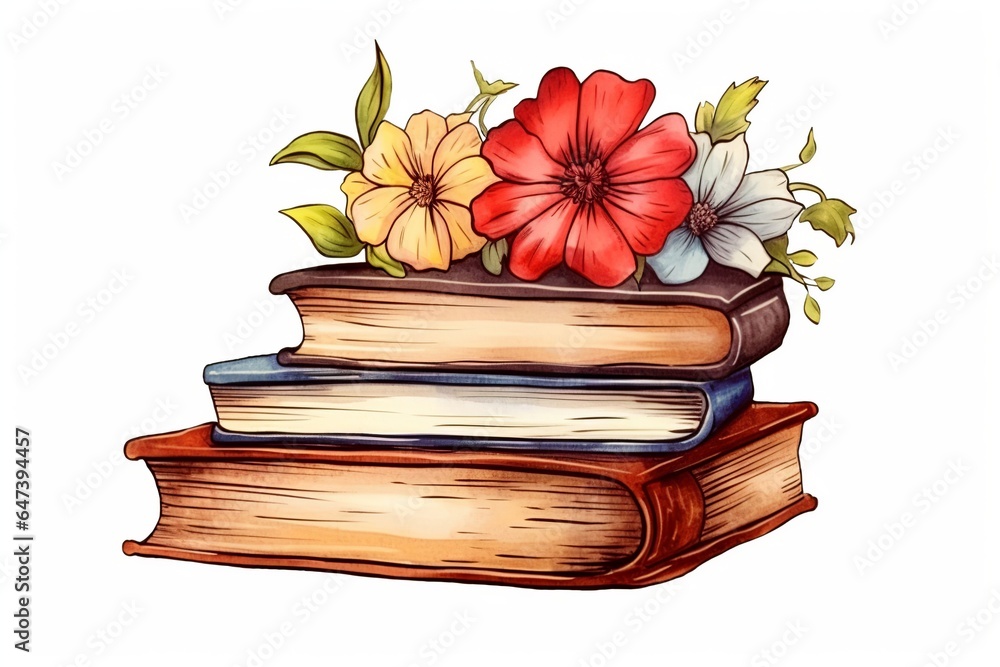 Watercolor stack of library book clip art with bouquet flower ...