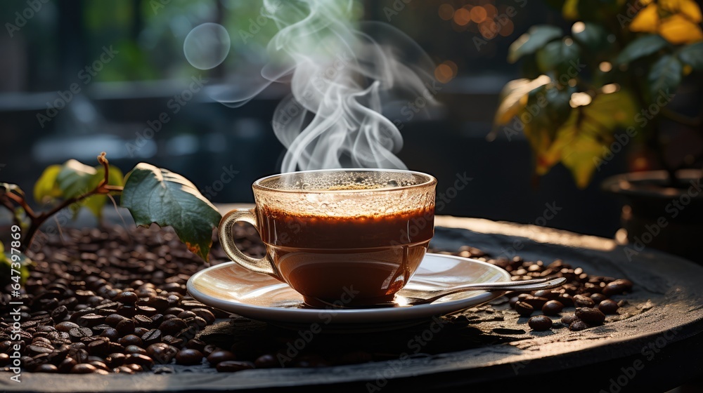 cup of Coffee, Steam smoke rising from a cup of hot coffee placed on a ...