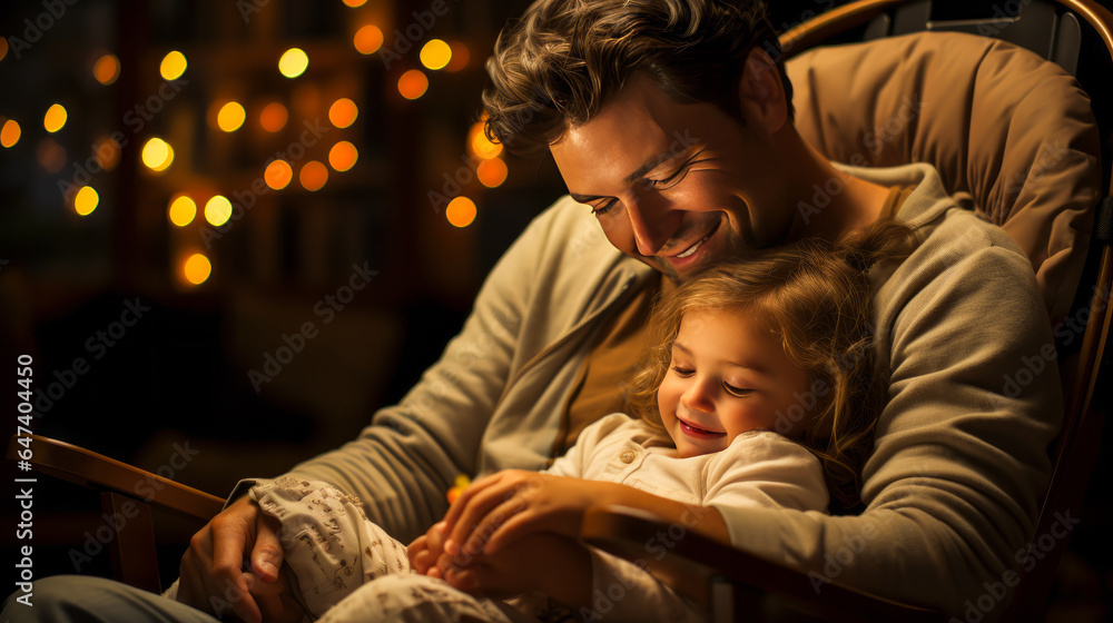Moving image of a caring father soothing his baby to sleep on a rocking ...
