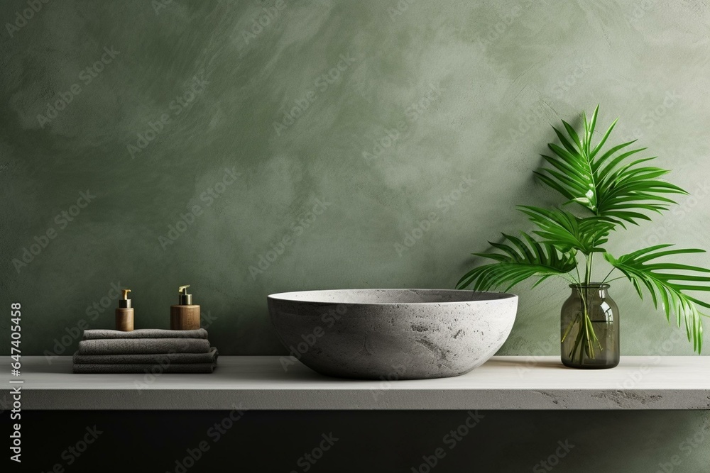 Modern cement wash basin in a green bathroom with leafy plants and ...