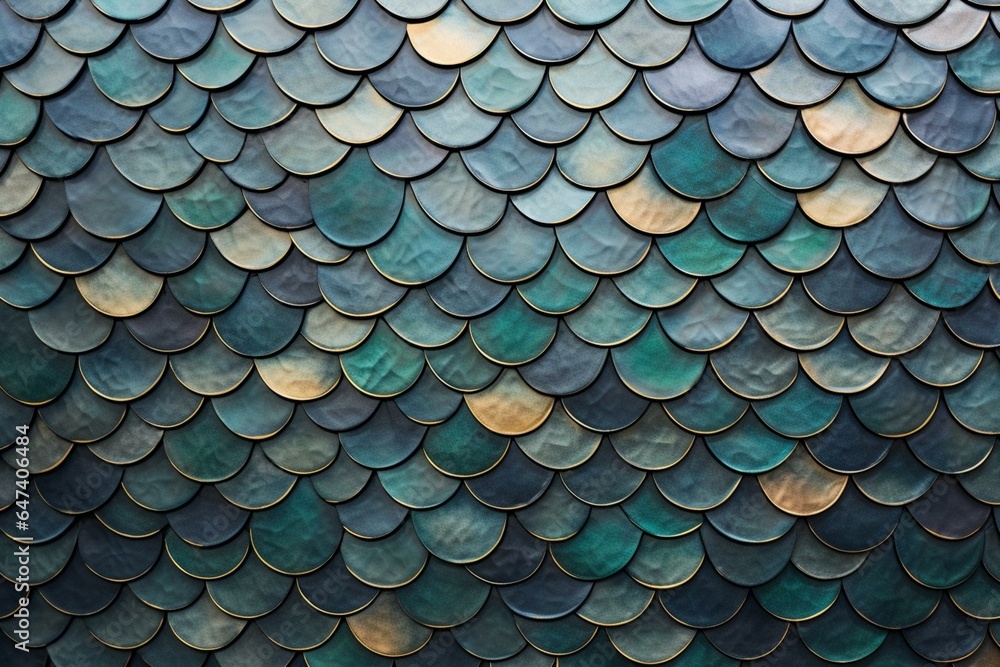 Arrangement of 3D tiles forming a fish scale wall on a textured ...