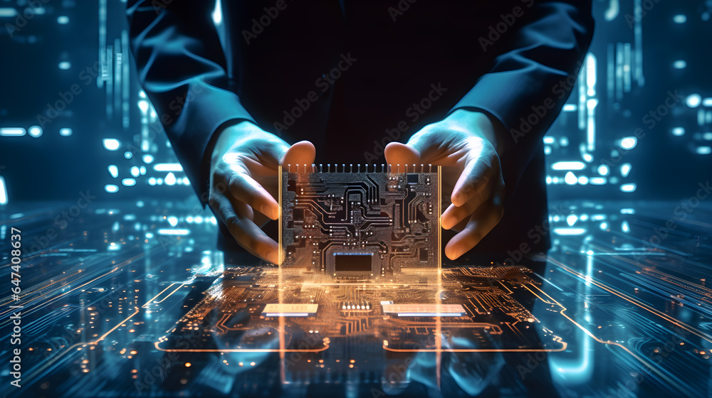 in a high-tech environment People holding artificial intelligence ...