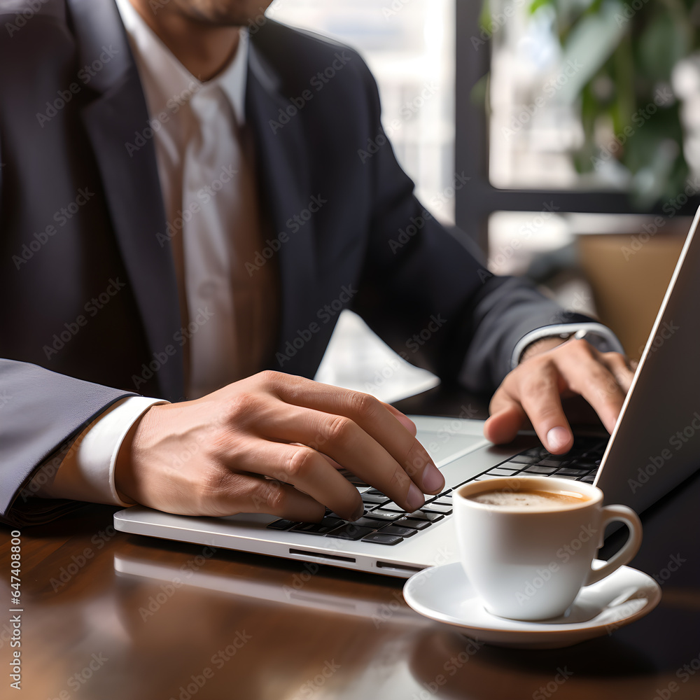 closedup businessman sits in his office, engrossed in his work. On his ...