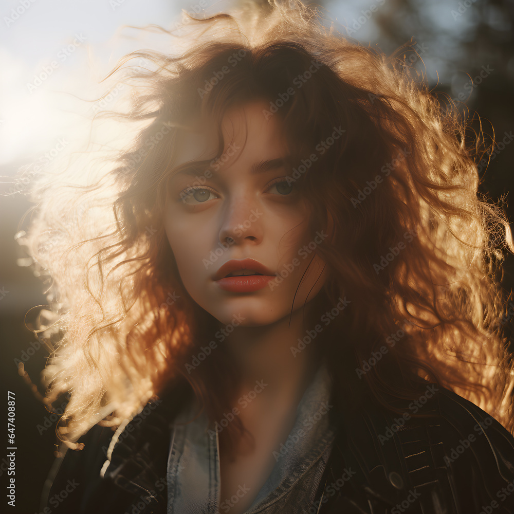 timeless outdoor photograph, young woman with curly hair captured in ...