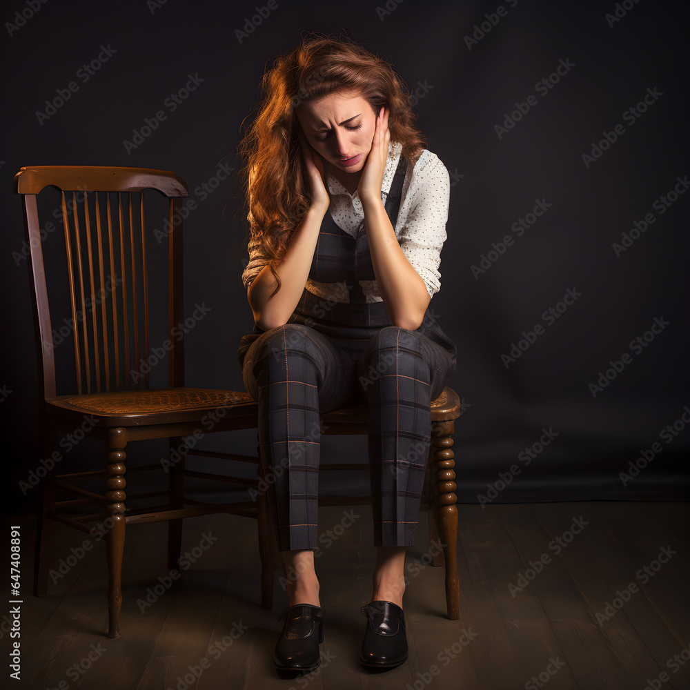 In a studio portrait, a woman is captured sitting on a chair, her face ...