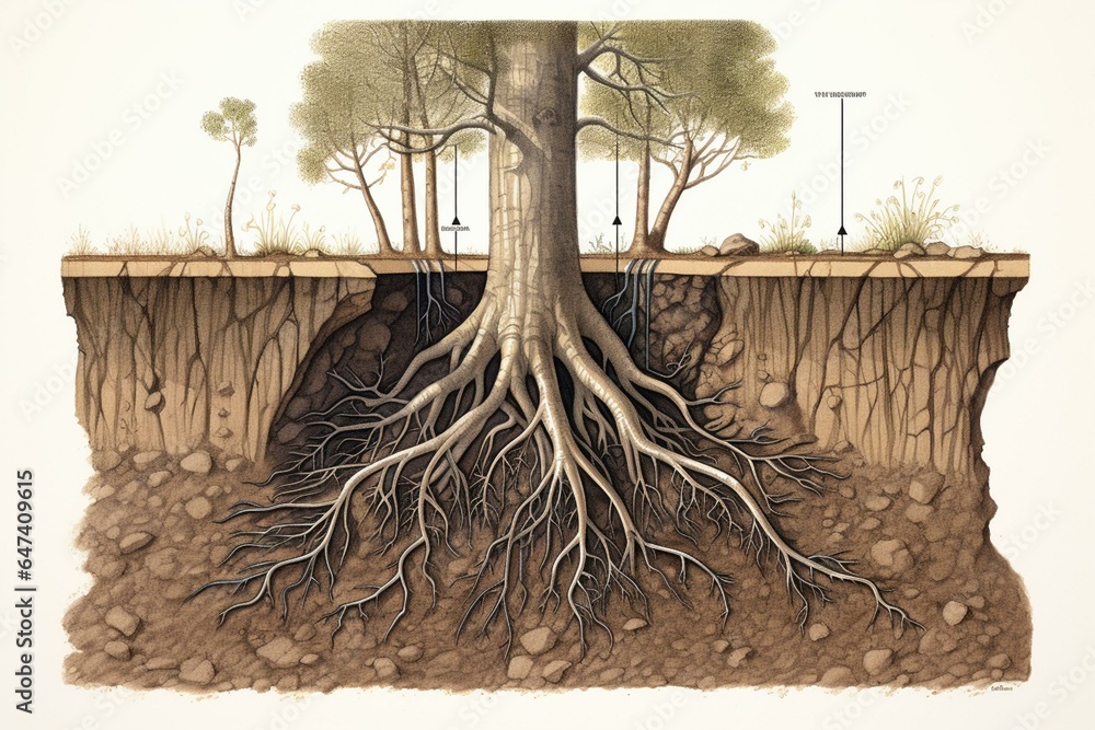 Illustration of tree roots and underground structure in a soil cross ...