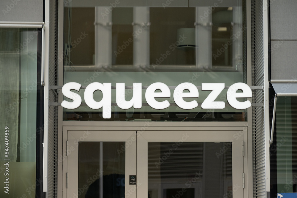 Oslo, Norway - June 17 2023: Exterior Squeeze sign by an office. Stock ...