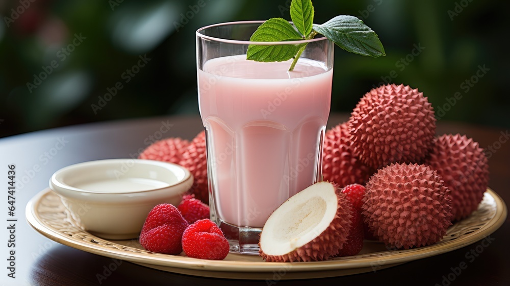 Glass of lychee juice and sliced lychee fruits isolated on darker ...