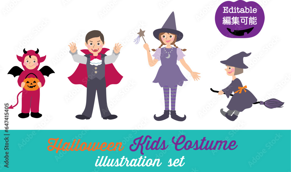 Editable halloween party elements set of boys and girls in lovely witch ...