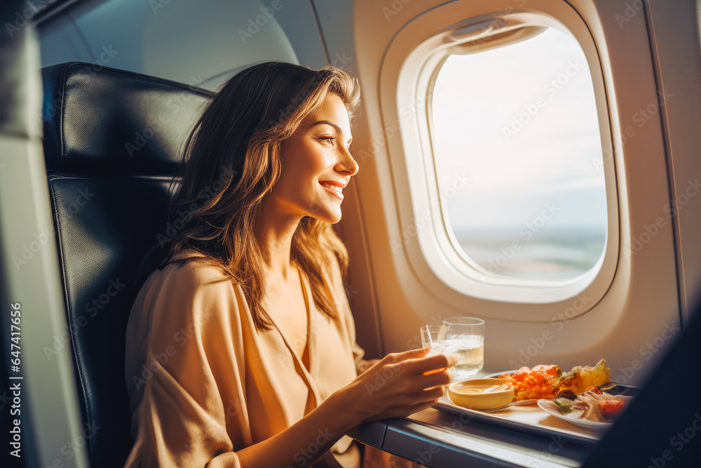 Beautiful young woman eating a plane meal at a window seat, enjoying a ...
