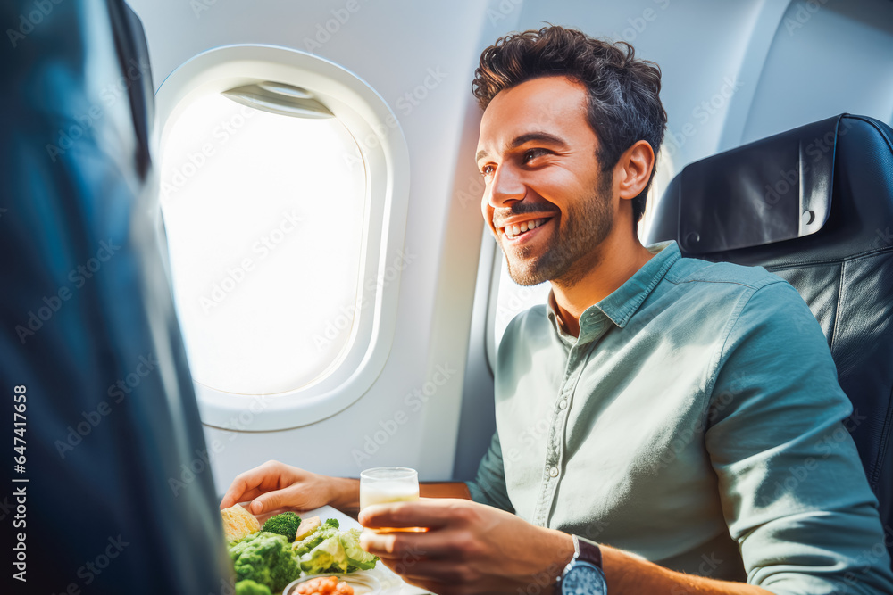 Handsome young man eating a plane meal at a window seat, enjoying a ...