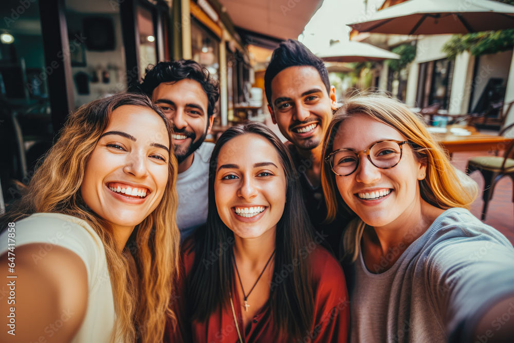 Group of friends taking a picture outside while side seeing new town ...