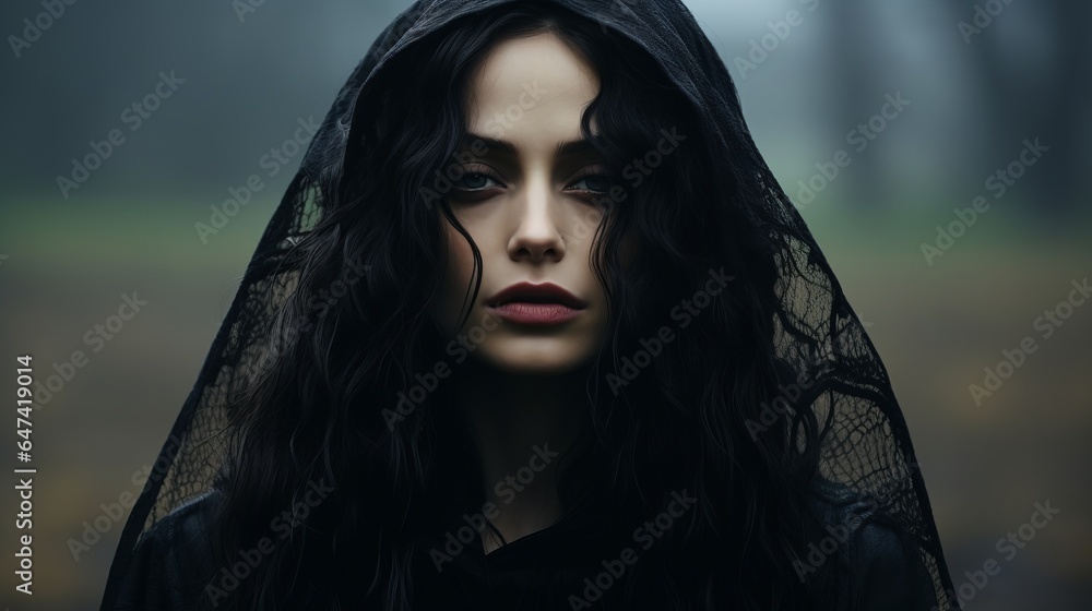 A woman in black mourning clothes. Young widow, female model in ...