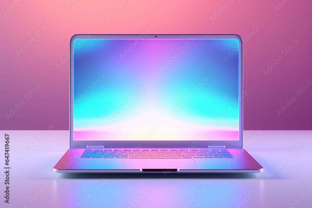 Laptop with vibrant holographic lights on white screen. Minimal office ...