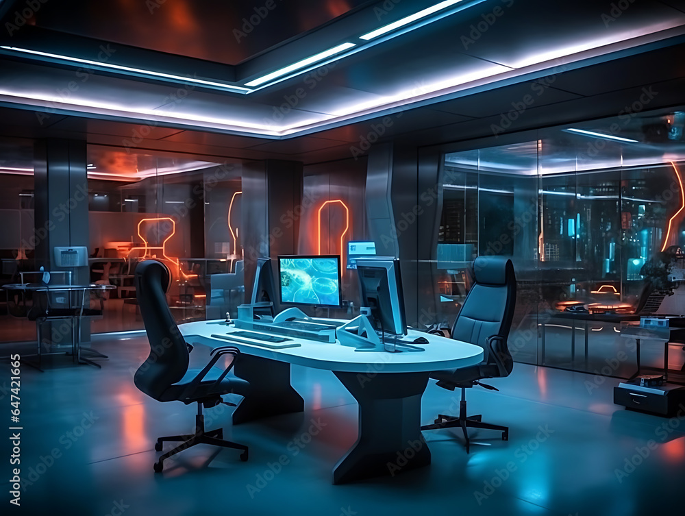 Dystopian Cyberpunk Corporate Office. A futuristic corporate office set ...
