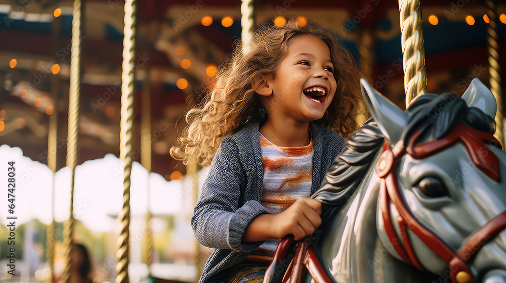 Happy toddler kid joyfully ride a carousel horse. Classic round ...