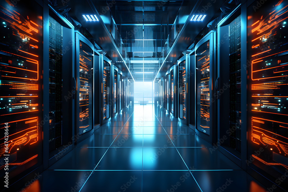 A modern data center with racks of servers, cooling systems, and ...