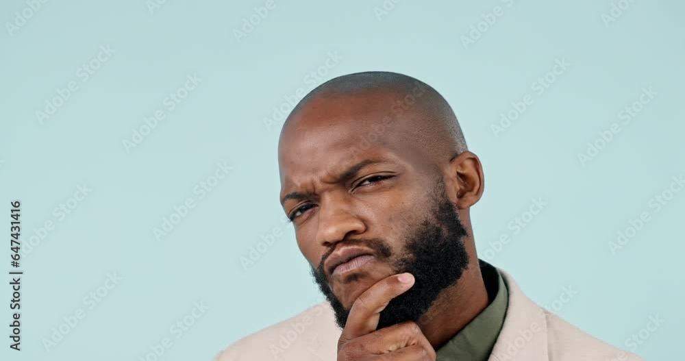 Wideo Stock: Thinking, doubt and face of black man confused in studio ...