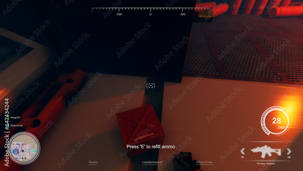 Shooter videogame with player searching for loot in dark industrial ...