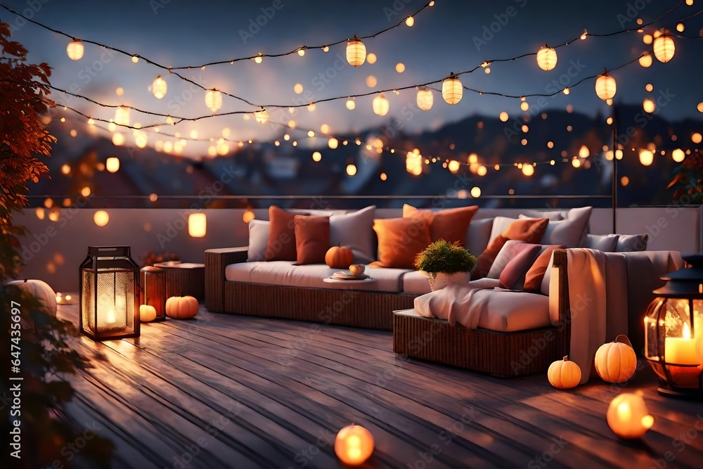 View over cozy outdoor terrace with outdoor string lights. Autumn ...