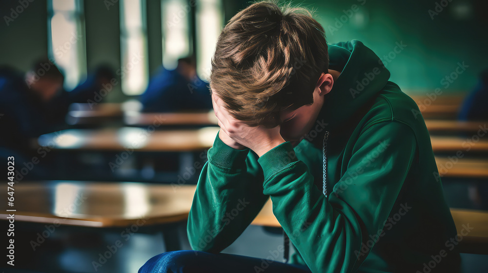 Bullying at high school concept. Upset bullied teen boy suffering sitting against the blurred ...