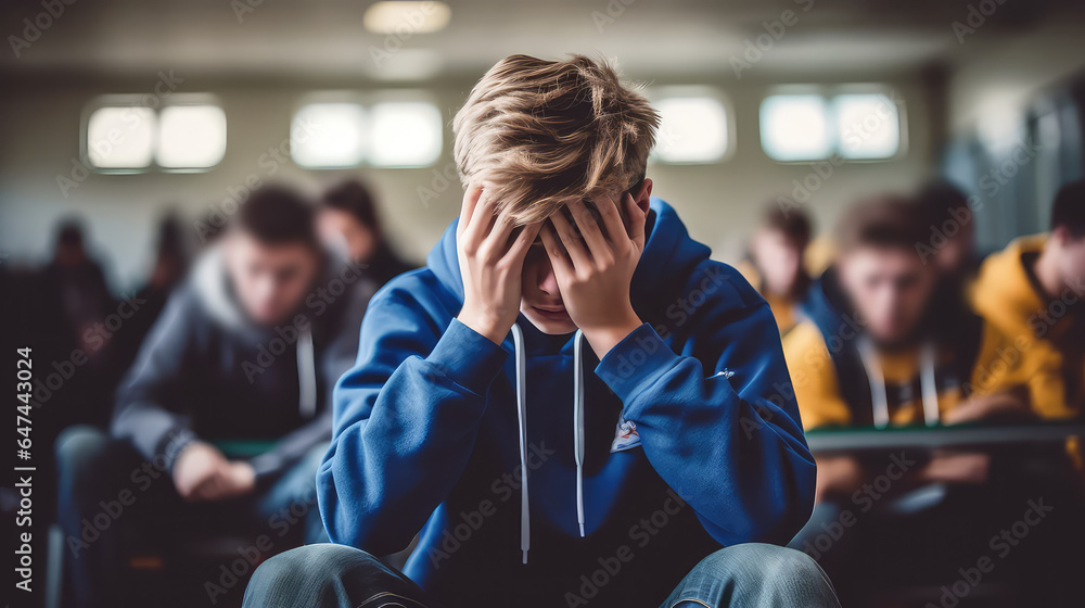 Bullying at high school concept. Upset bullied teen boy suffering ...