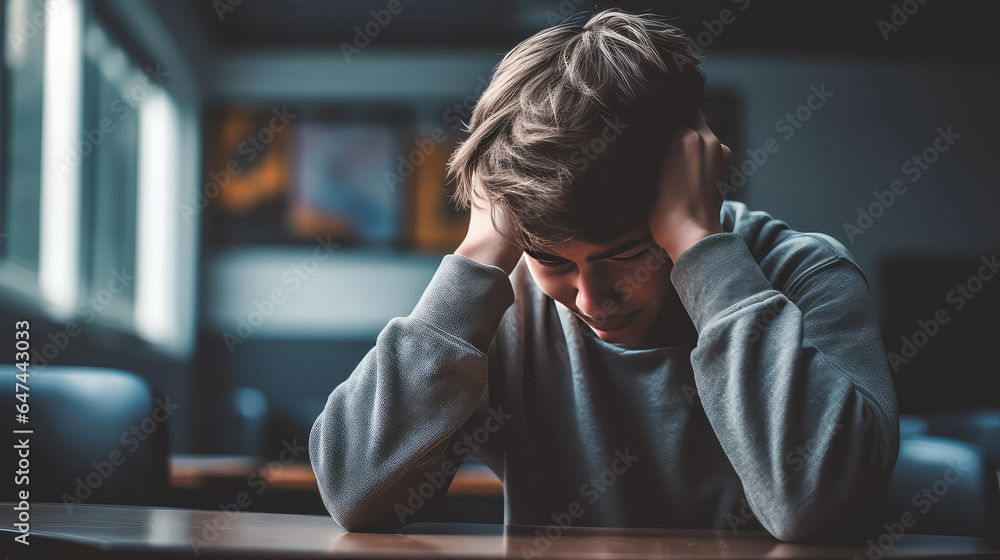 Bullying at high school concept. Upset bullied teen boy suffering sitting against the blurred ...