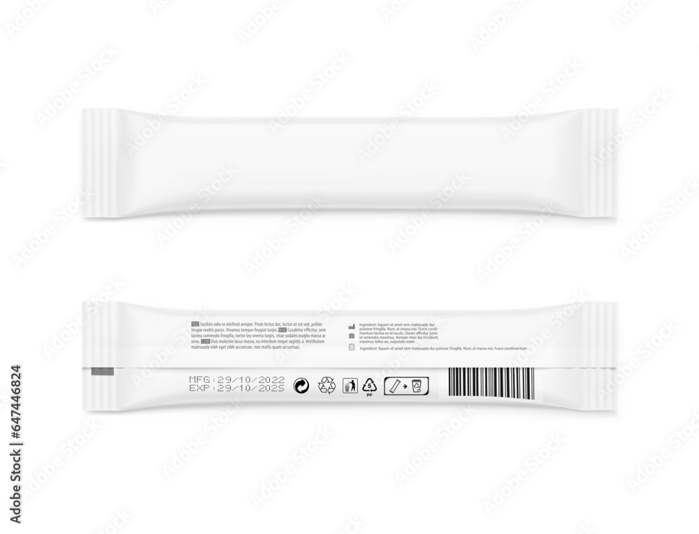 Blank stick package bag mockups. Front and back view. Vector ...