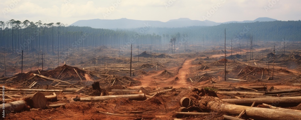 A wide angle view of a deforested area, a barren land with stumps of ...