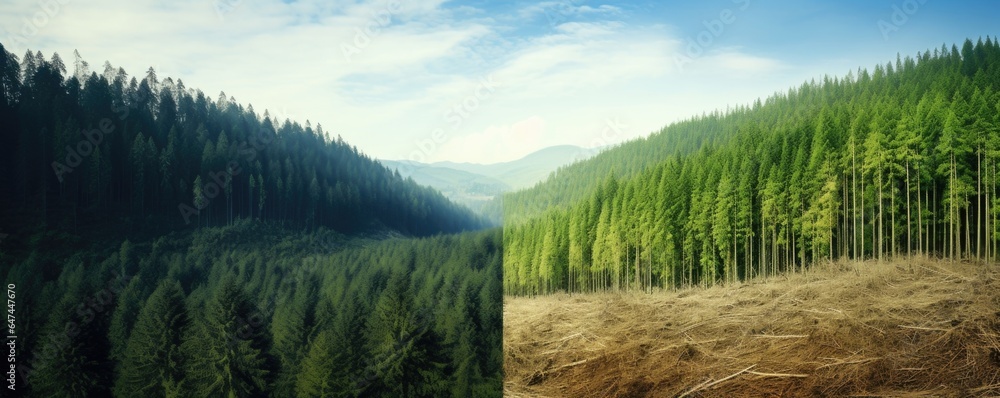A contrast shot depicting a healthy forest on one side and a deforested ...