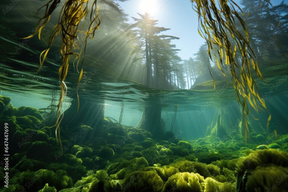 Surface view of dense kelp forest, these macroalgae play a crucial role ...