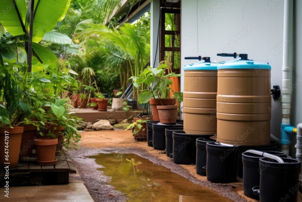 A rainwater harvesting system installed in a house, indicating ...