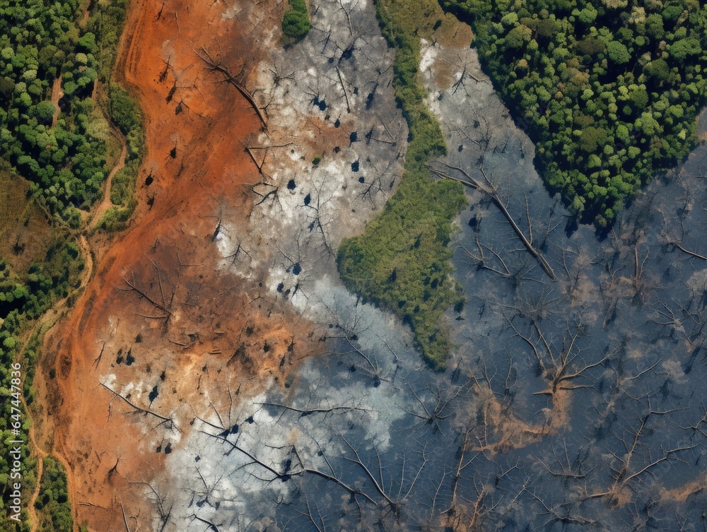 Foto de A satellite view of deforestation with swathes of land, indicating the loss of carbon ...