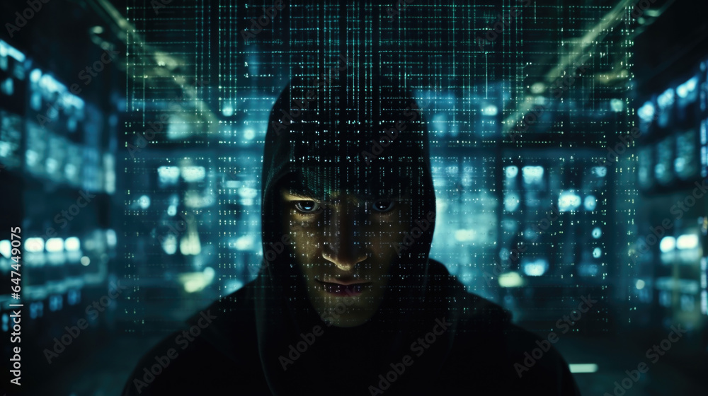 A hidden underground hackers lair, illuminated by screens displaying ...