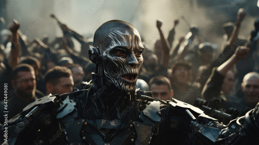 Battling against an army of robotic enforcers, the rocker sports a ...
