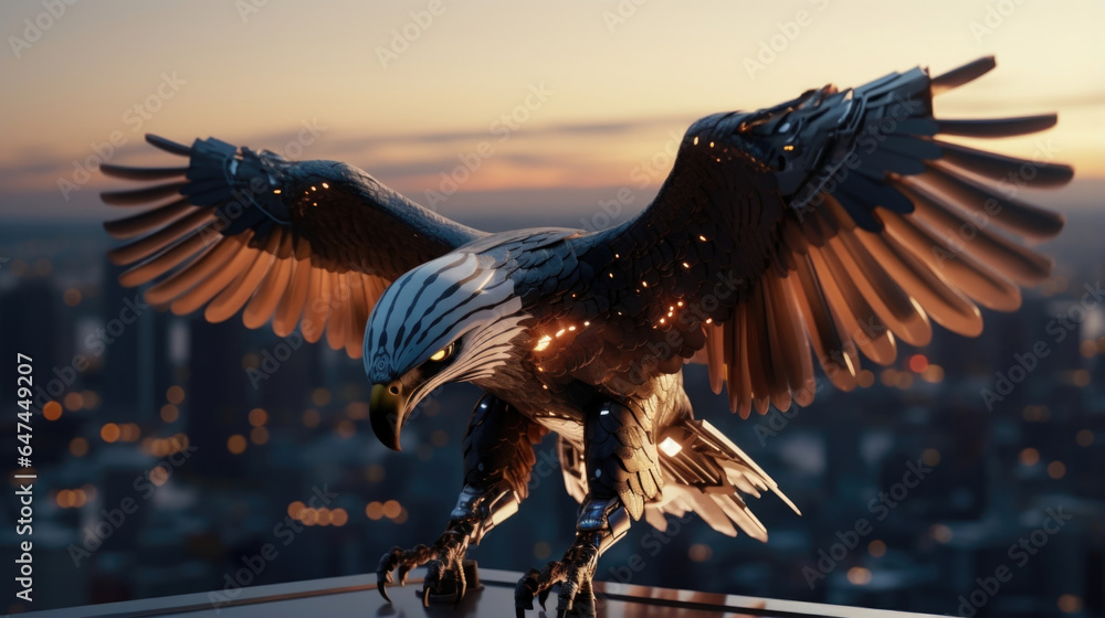 Stockfoto A cybernetic eagle soaring across the skyline, its eyes ...