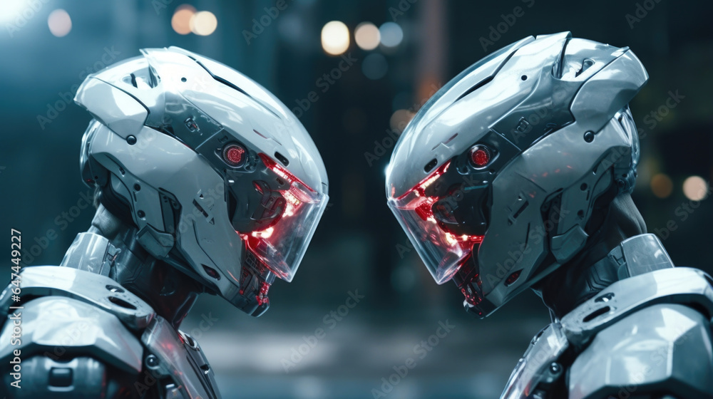In a futuristic arena, two combat cyborgs face off, their armored ...
