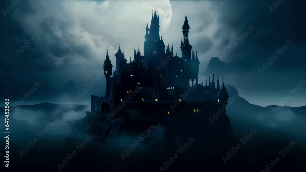 An otherworldly castle standing silently in an imtrable fog hanging in ...