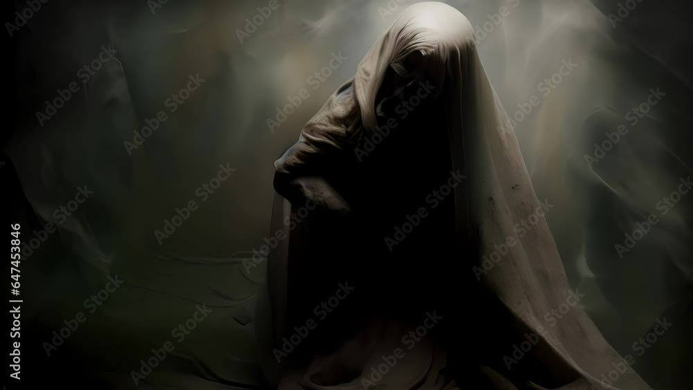 A shrouded figure a withered hand reaching up from within the folds ...