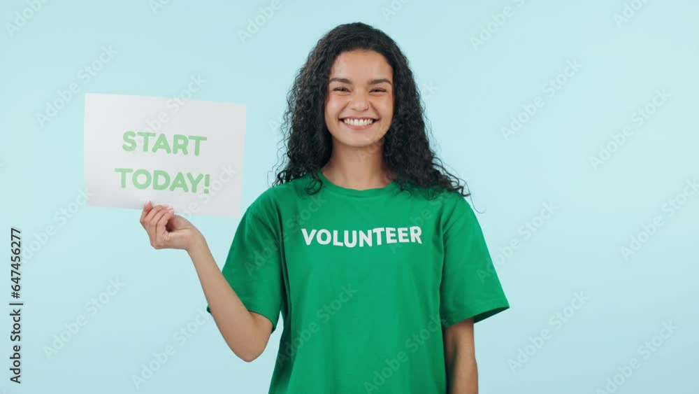 Charity, recruitment and portrait of volunteer with a sign, poster or ...