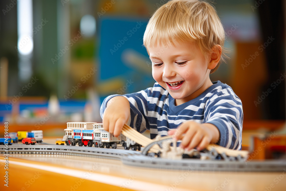 Boy playing with train set Stock Photo | Adobe Stock