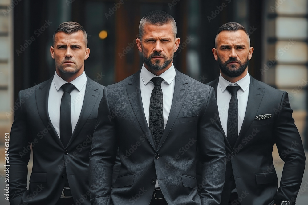 Bodyguards in suits. A group three of professional serious bodyguards ...