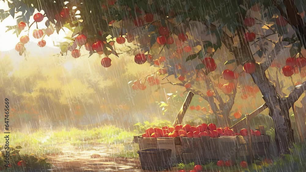 Apple orchard, autumn afternoon, ripe fruits, rain, water puddle, anime ...