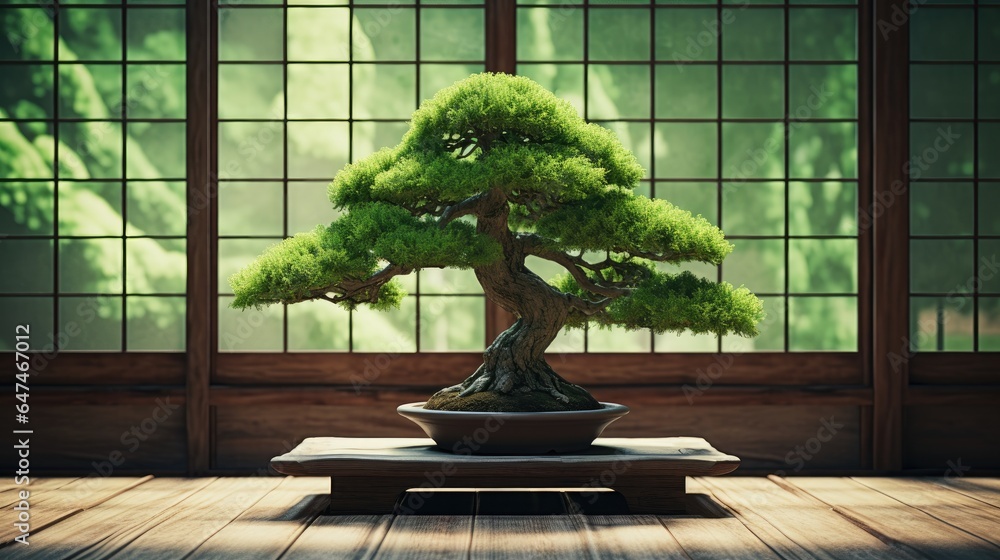 large beautiful green bonsai tree on stand in traditional japanese room ...
