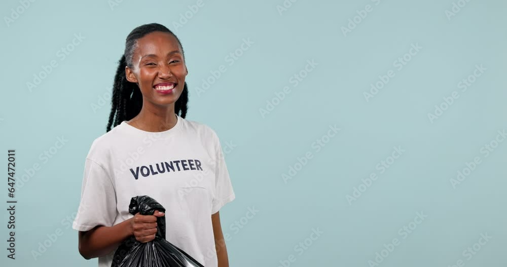 Cleaning trash bag, volunteer and black woman point at garbage ...