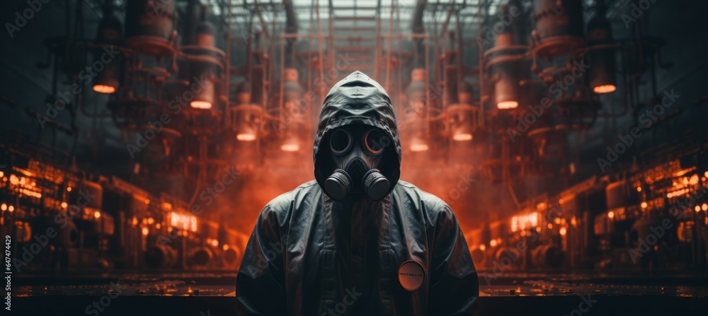 Evil scientist wearing gas mask and full protective suit at factory ...