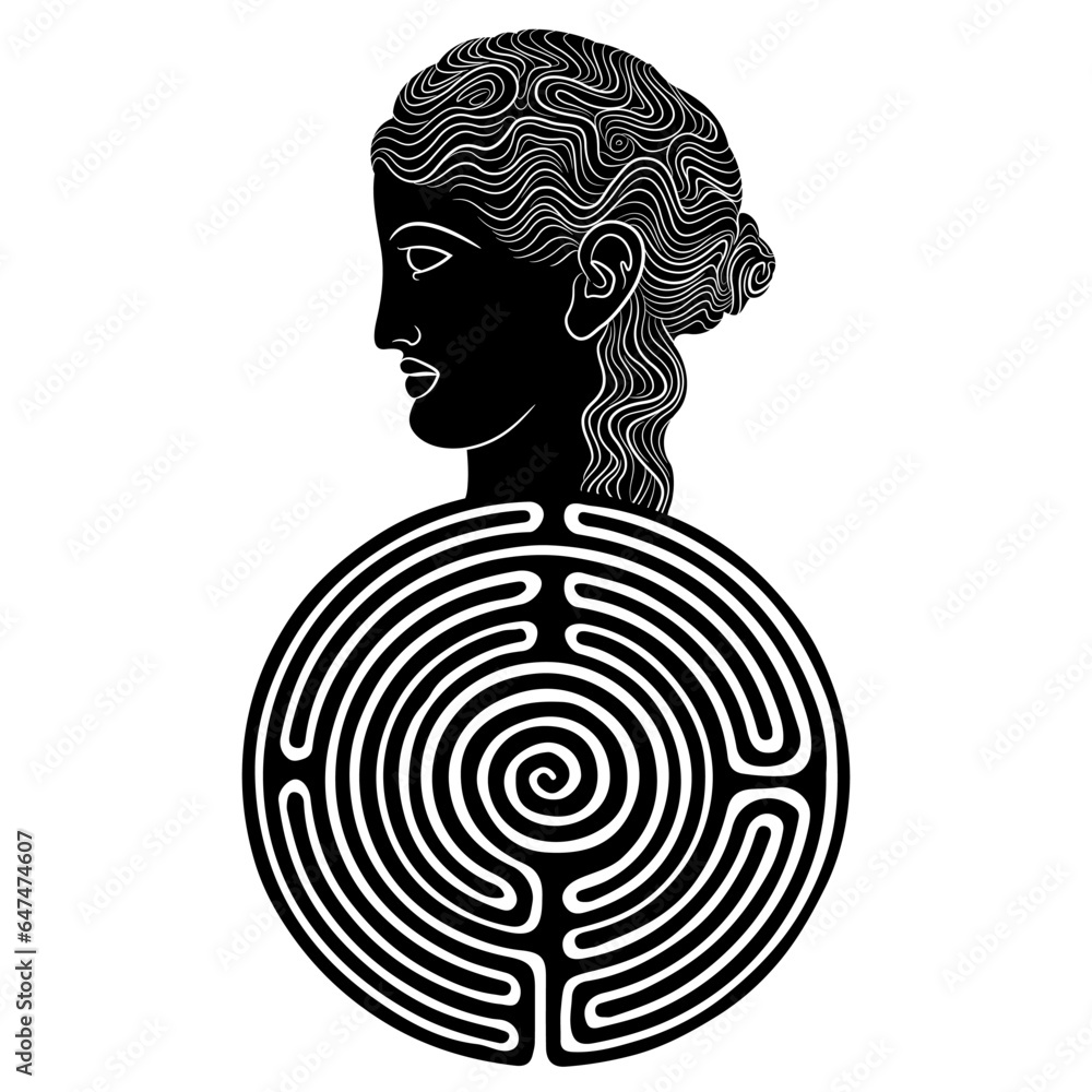 Round spiral maze or labyrinth symbol with a head of antique woman ...