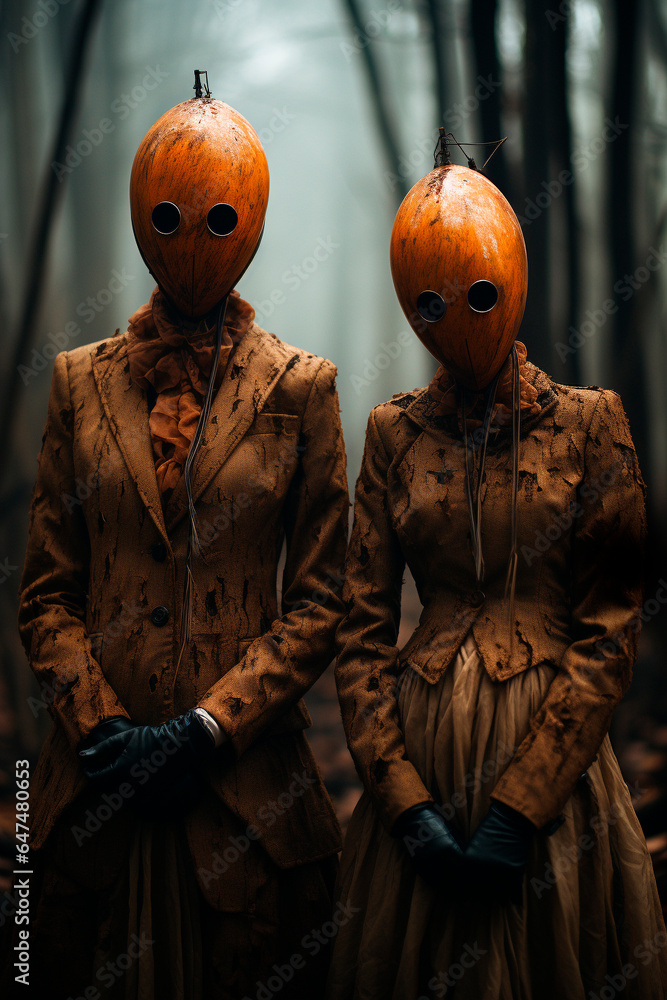 Two spectral women, with orange heads, shaped like balls, with strange ...